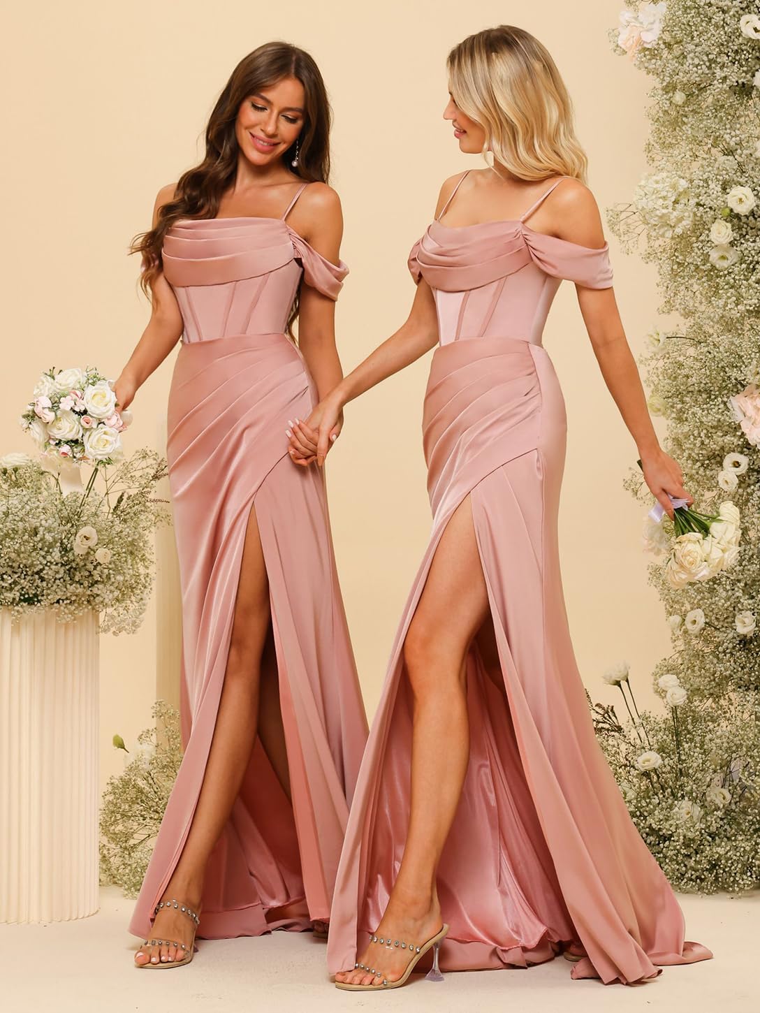 Snapklik.com : Clothfun Off Shoulder Satin Bridesmaid Dresses For Women