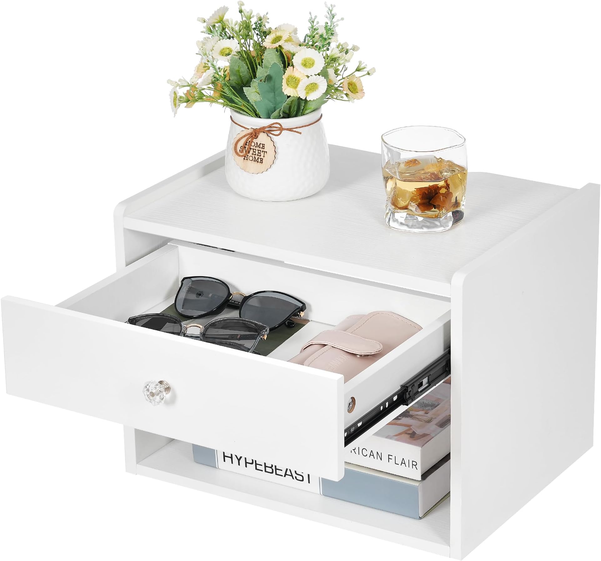 Table de chevet flottante en bambou avec tiroir et étagère ouverte ...