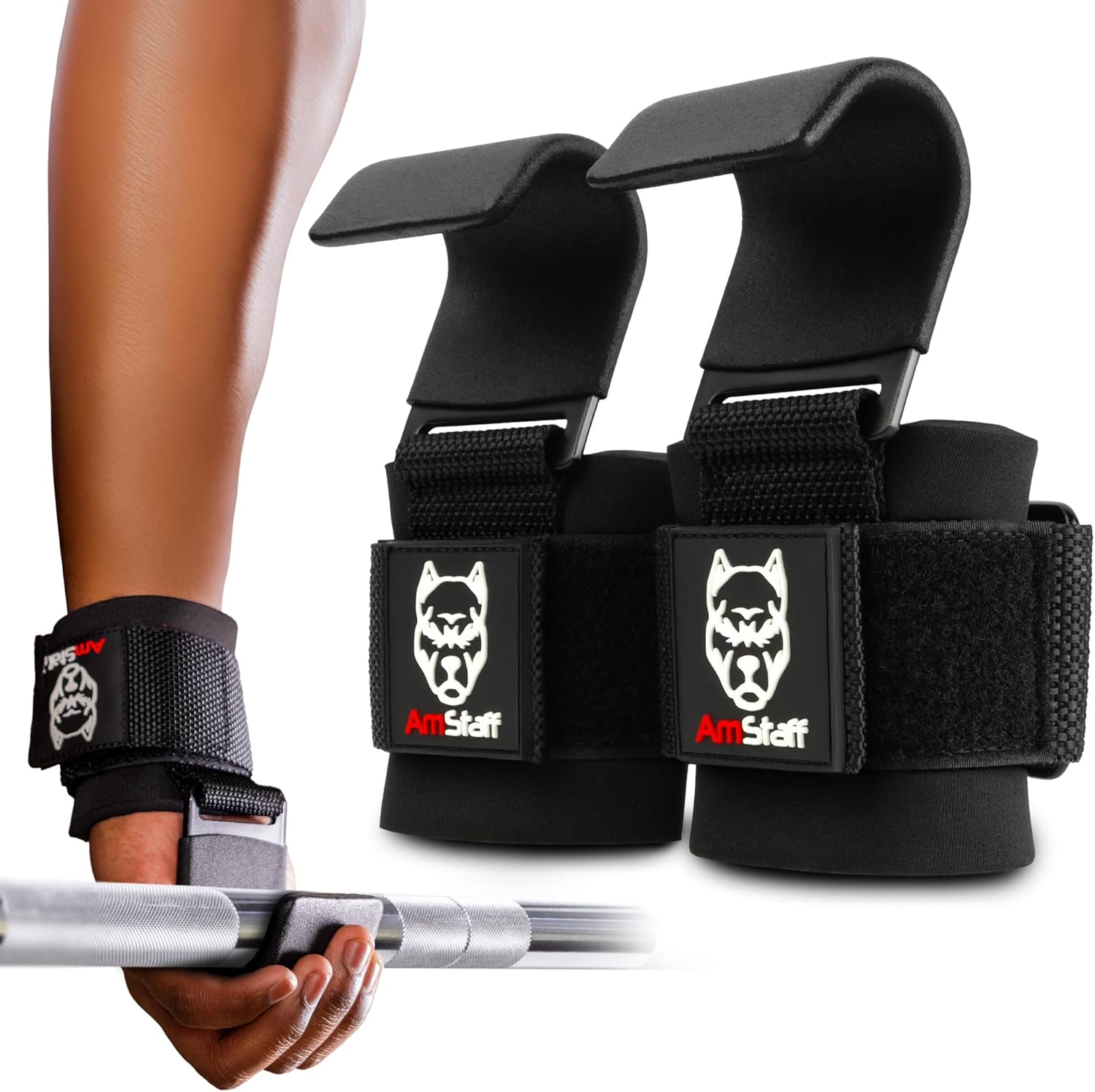 AmStaff Fitness Weight Lifting Hooks (Pair) - Gym Wrist Straps with ...