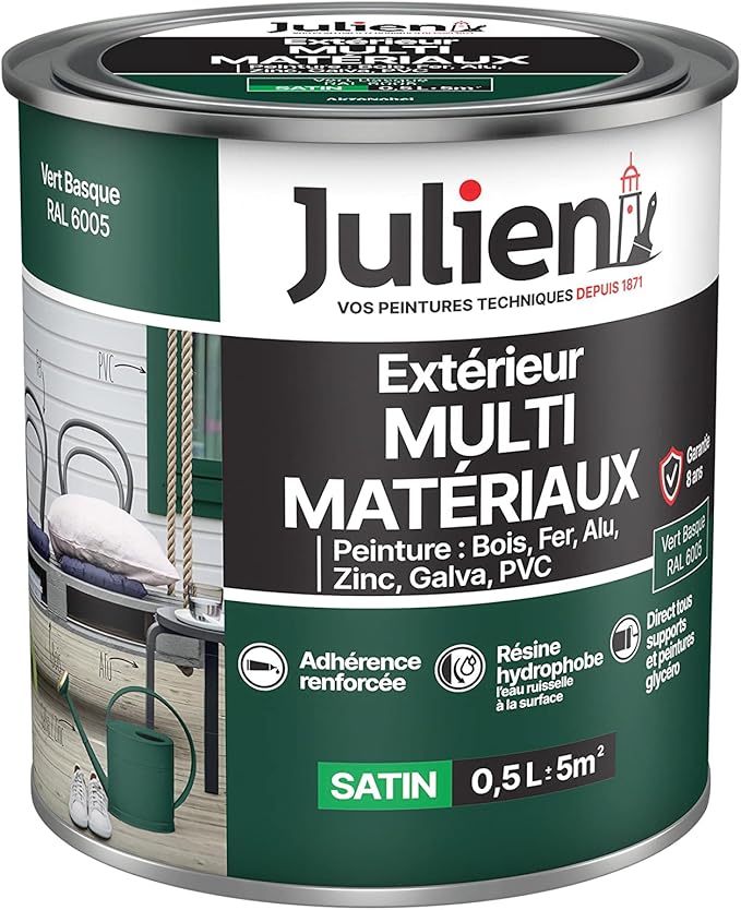 Julien Peinture Multi-Matériaux Satin en phase Aqueuse - Bois, Fer, Alu, PVC, Zinc, Acier ...