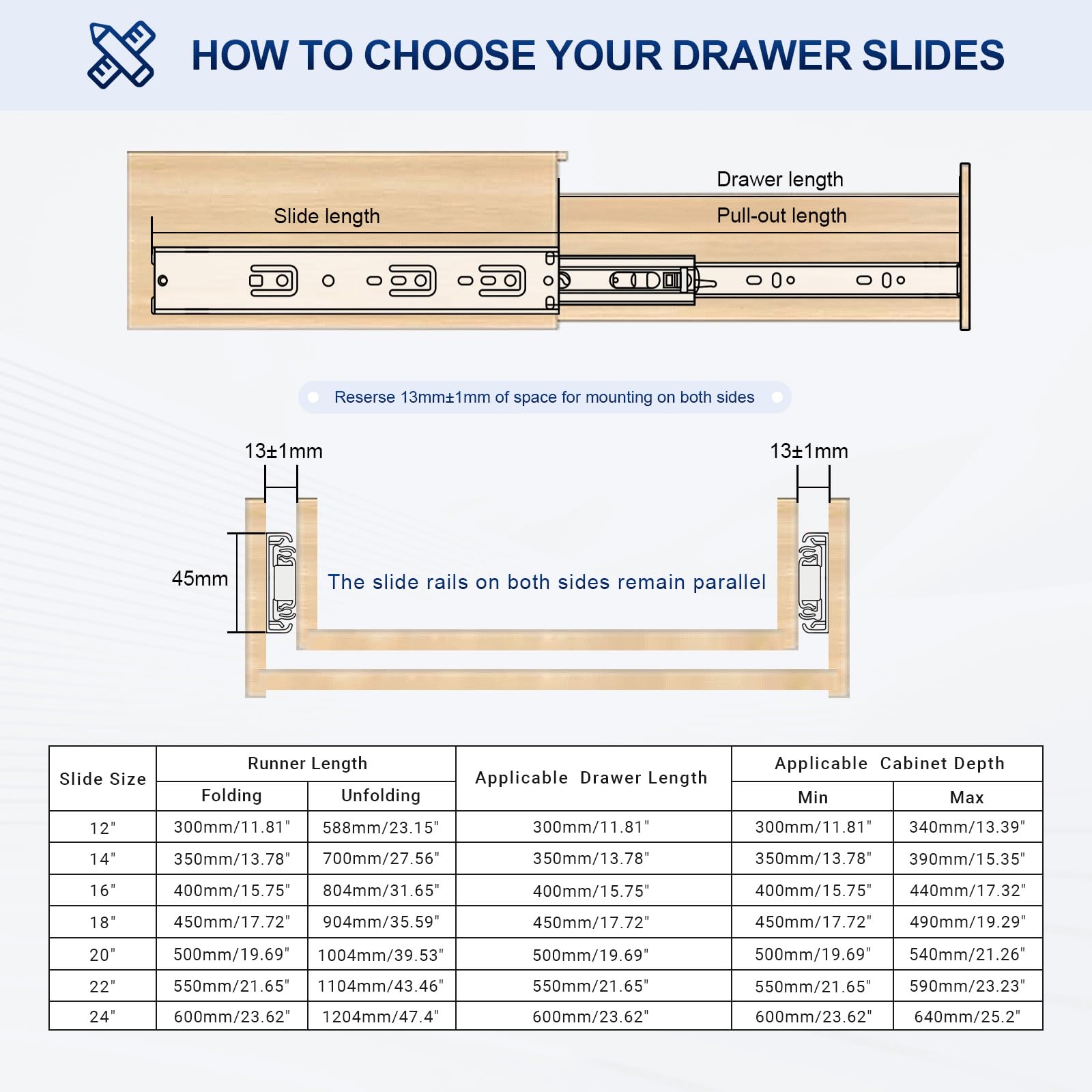 Snapklik.com : Probrico 1 Pair 22 Inch Rear/Side Mount Drawer Slides