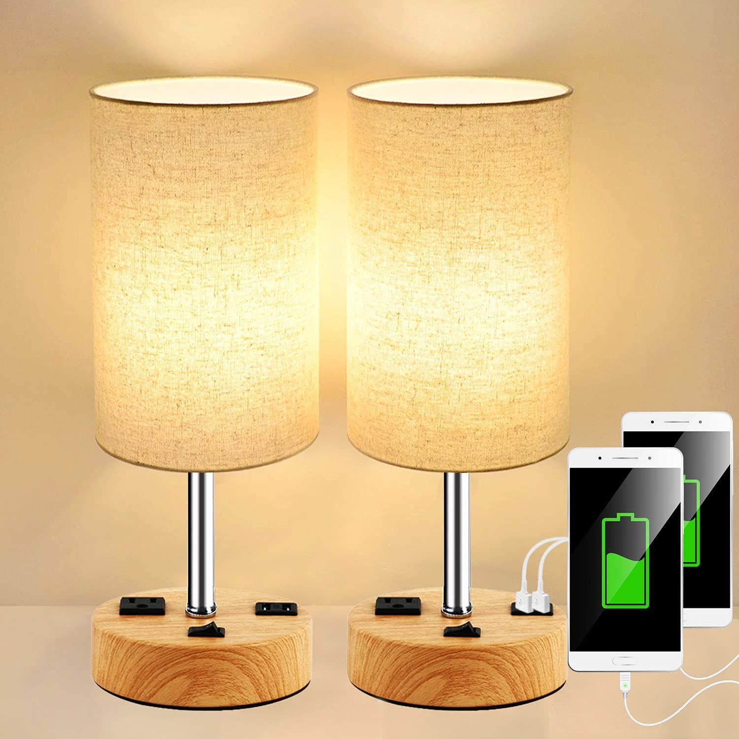 USB Table Lamp Set of 2, Nightstand Lamp with Dual USB Charging Port ...