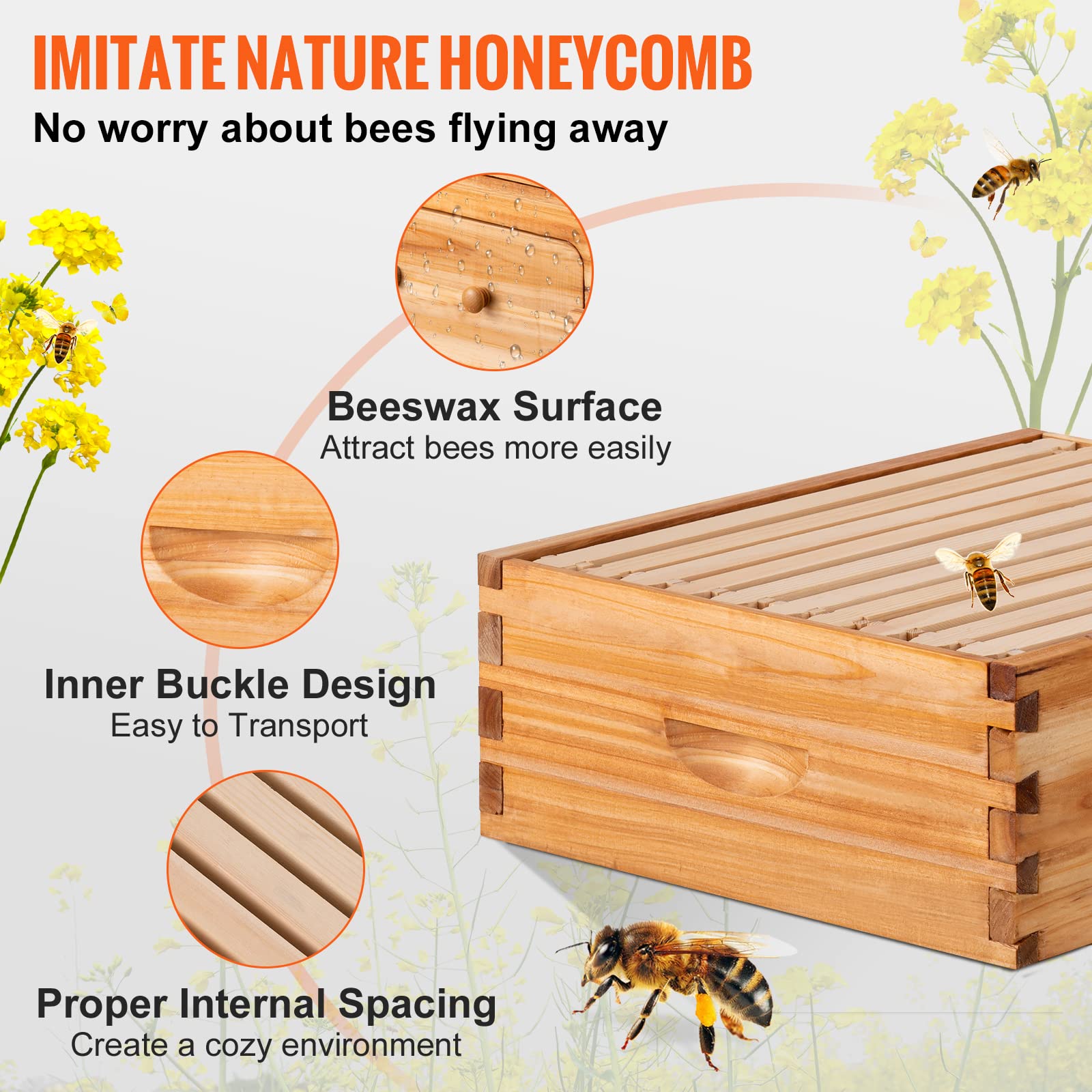 VEVOR Bee Hive Medium Super Box, 100% Beeswax Coated Natural Wood Langstroth Beehive Kit with 10 ...