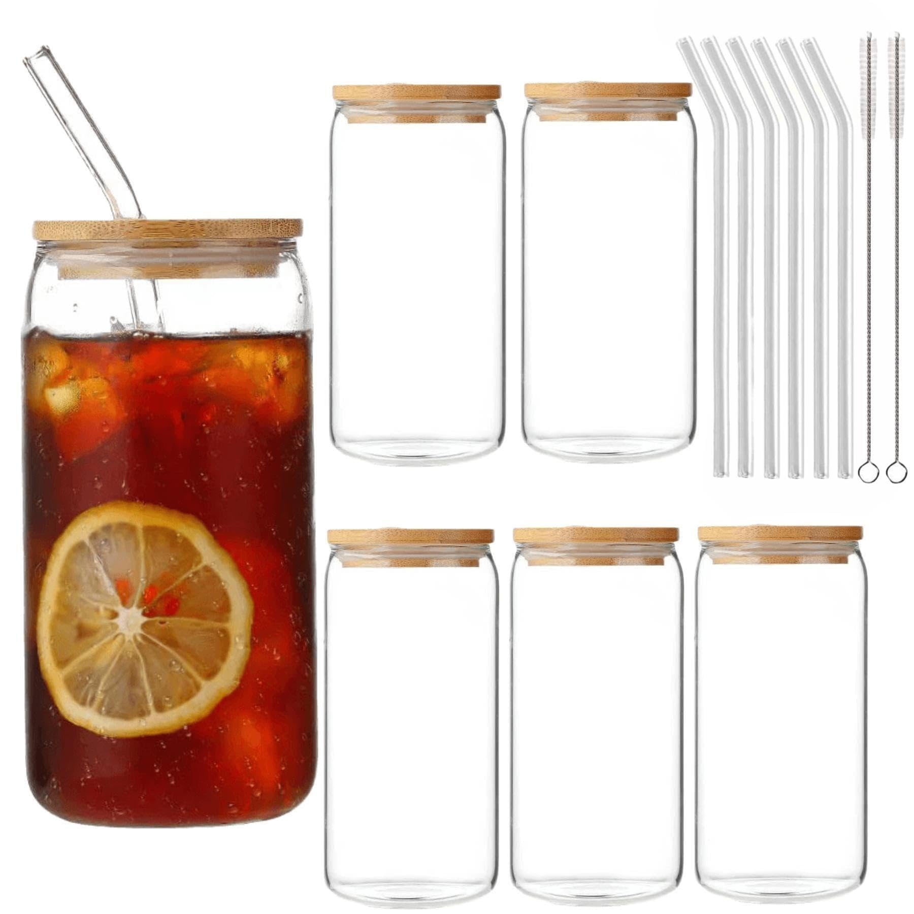 480ml Transparent Can Glass Cups with Wooden Lid and Glass Straw ...