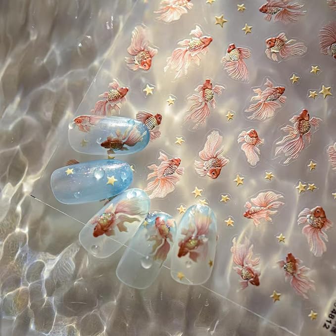 Amazon.com: Goldfish Nail Art Stickers 5D Embossed Nail Decals Chinese ...