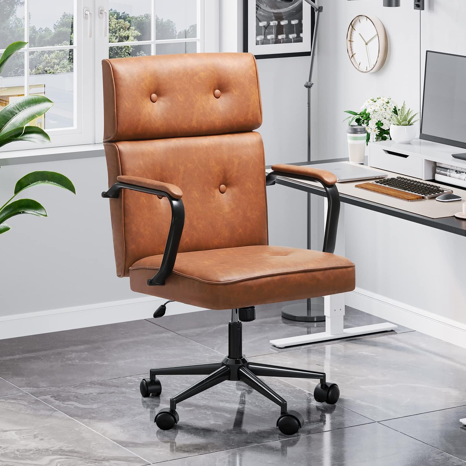 Amazon.com: DICTAC Leather Office Chair Brown Desk Chair, Mid Century ...