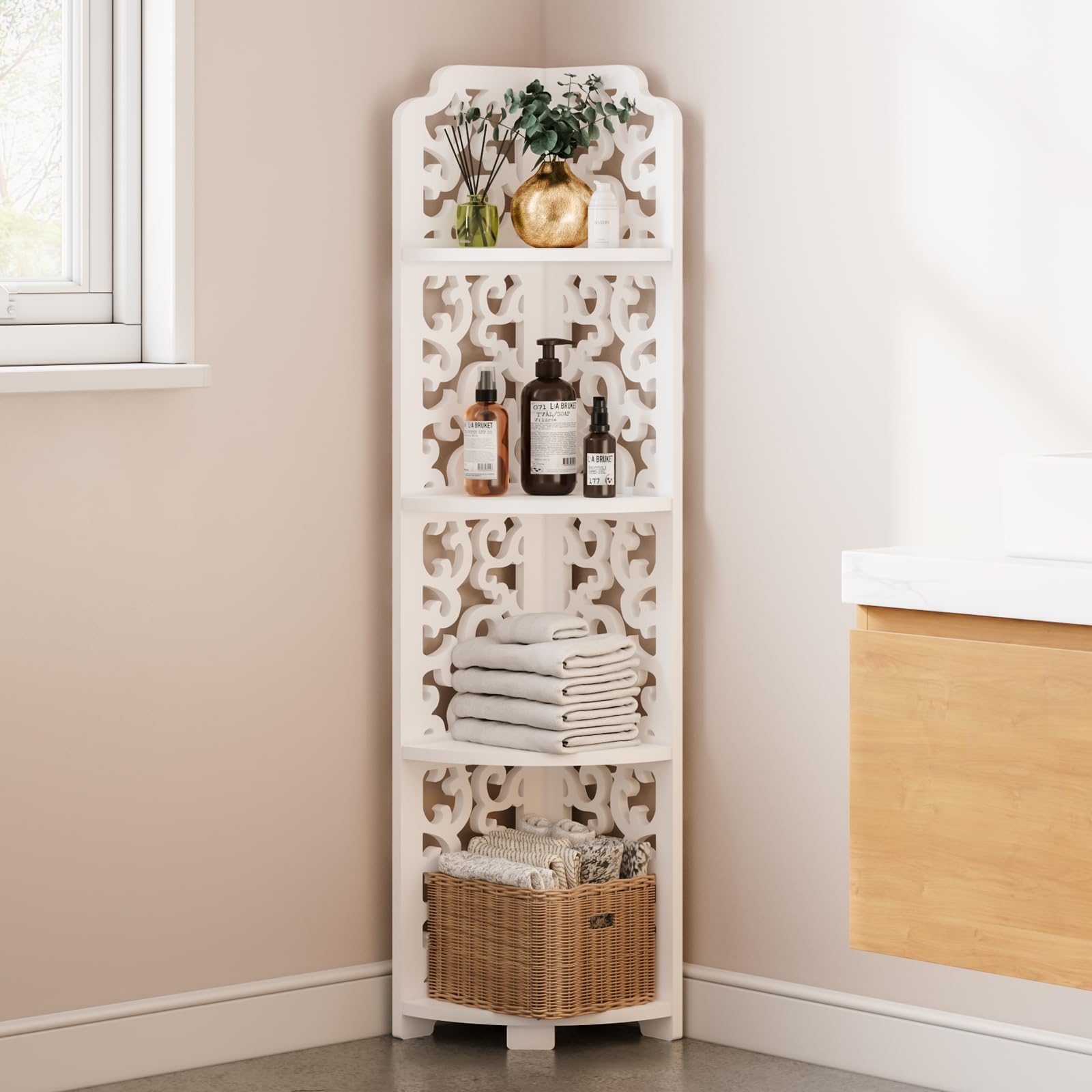 Dripex Bamboo Corner Shelves Free Standing Shelf Floor Storage Unit for ...