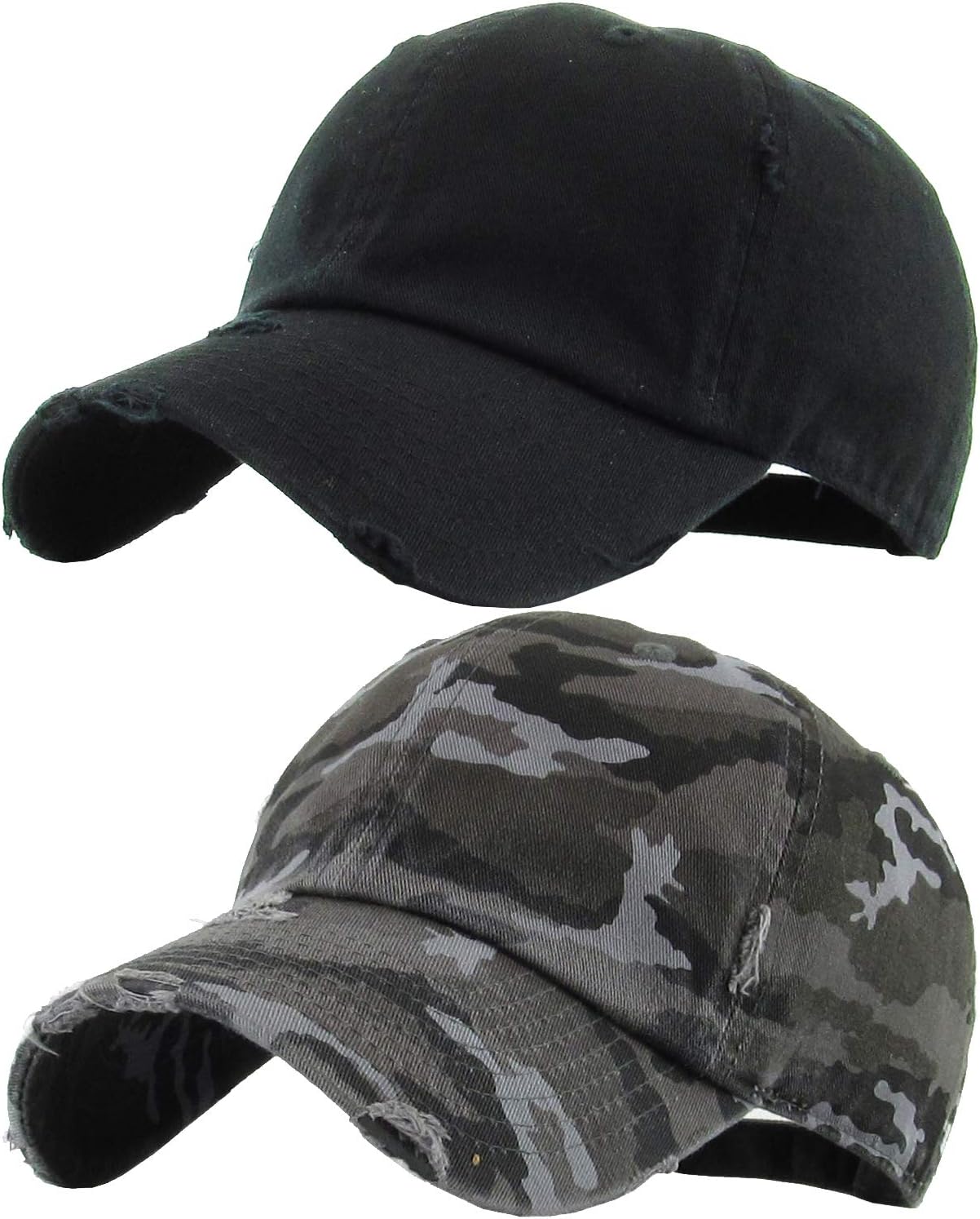 Funky Junque Distressed Baseball Cap Bundle: Black & Black Camo at Amazon Men’s Clothing store