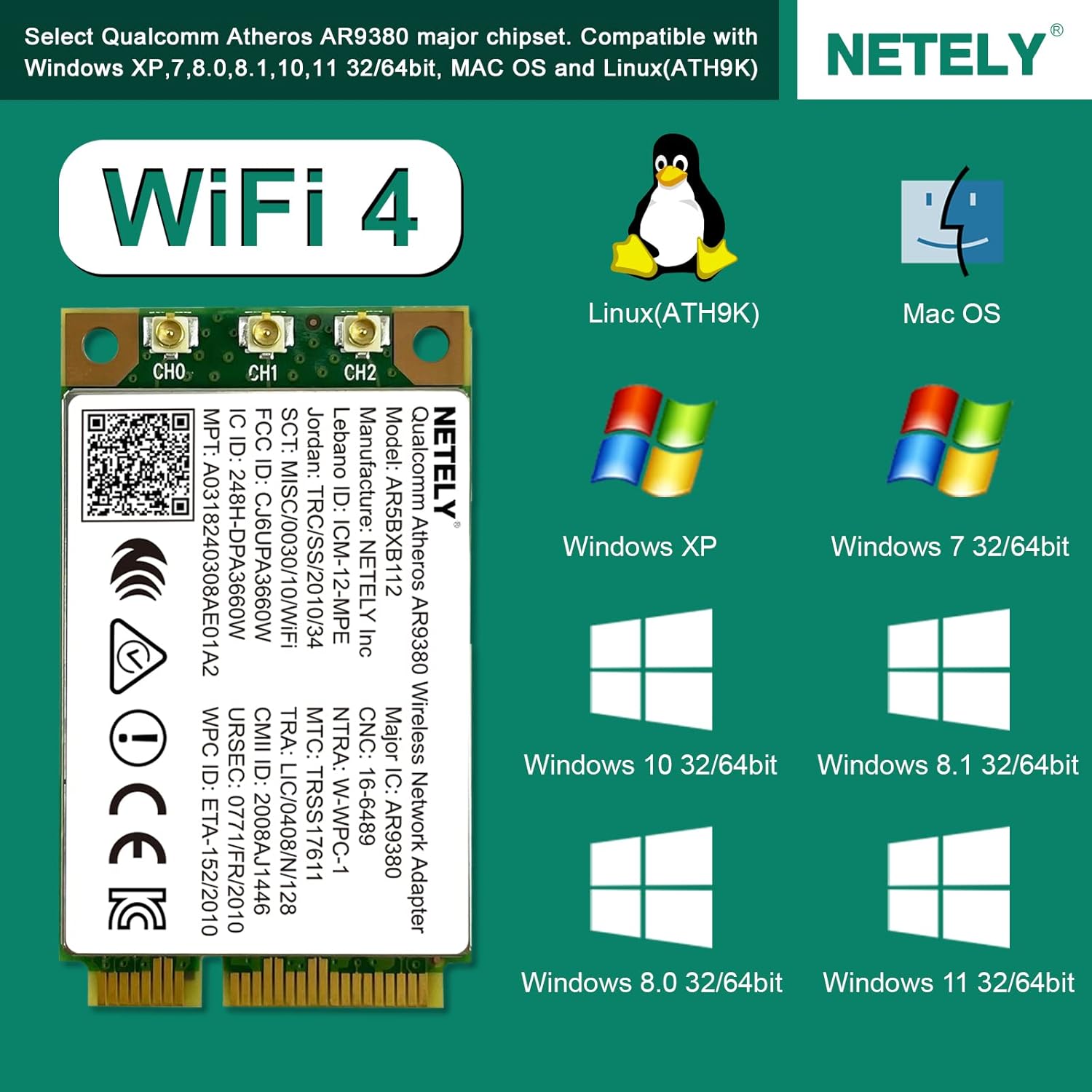 Adaptador WiFi de banda dual de interfaz 802.11N Mini-PCIE de 900 Mbps ...