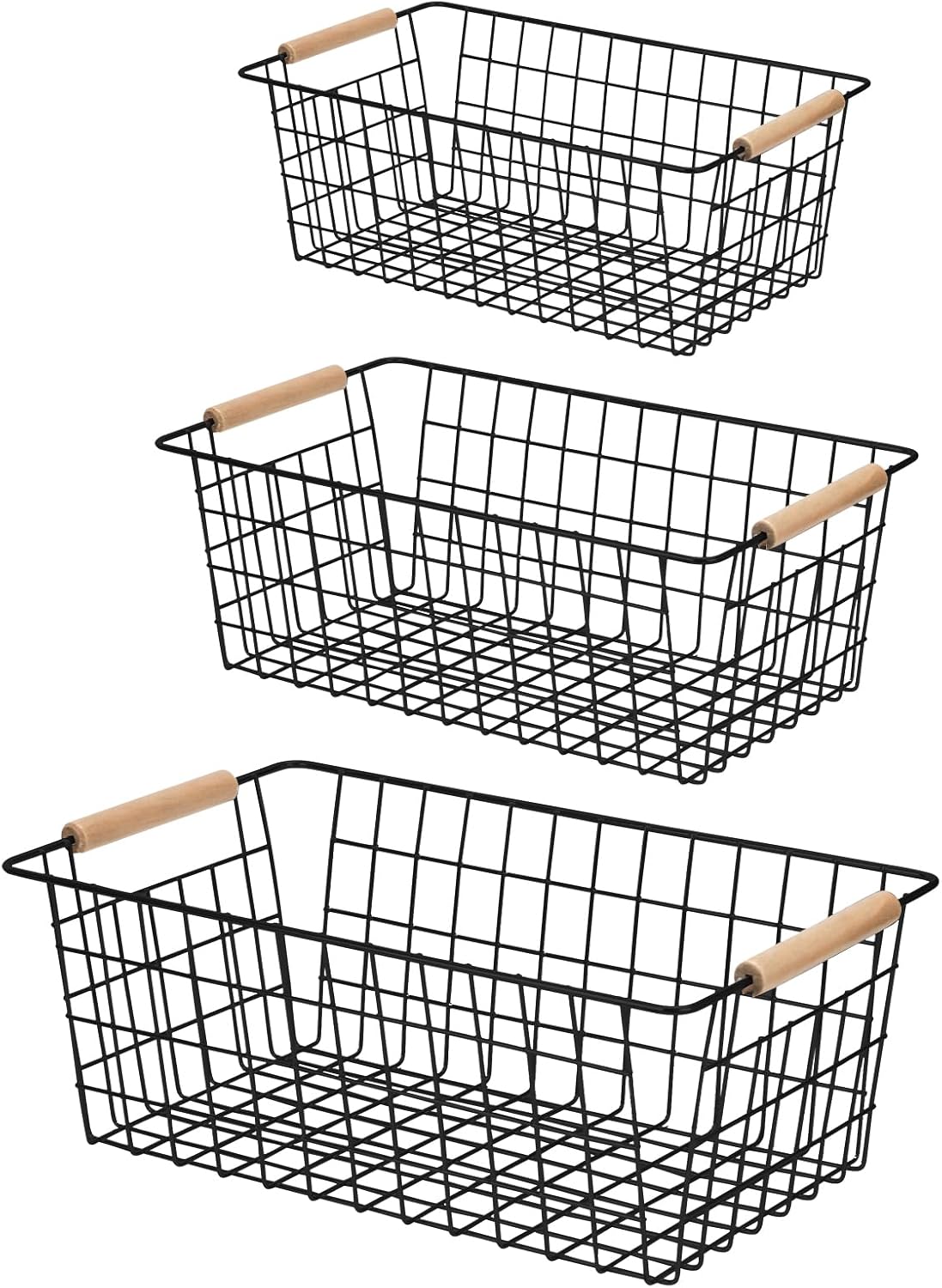 Amazon.com - Metal Wire Storage Baskets with Wooden Handles - Set of 3 ...
