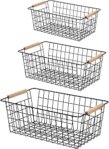 Amazon.com - Metal Wire Storage Baskets with Wooden Handles - Set of 3 ...