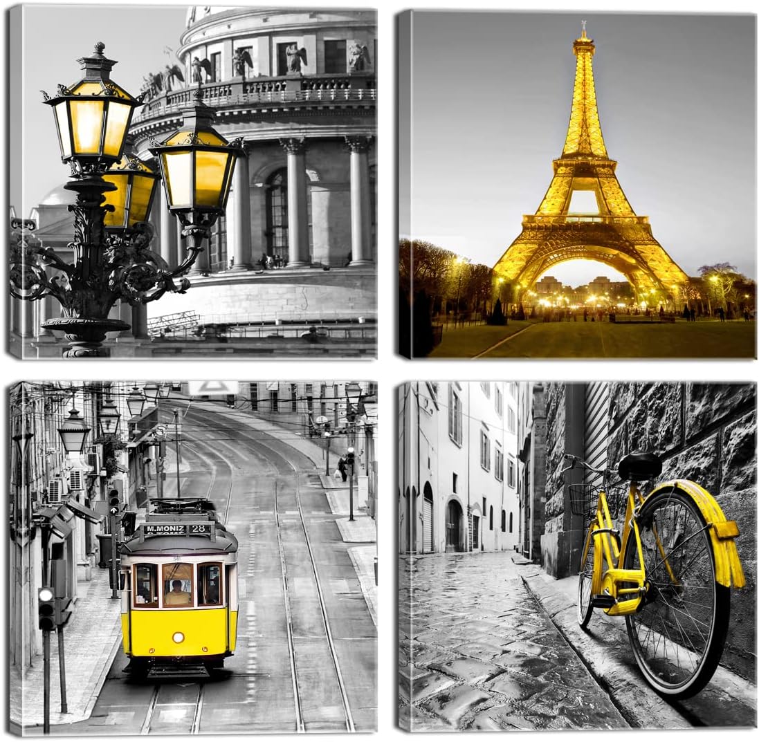 Amazon.com: Yellow Black & White Paris Painting Canvas Wall Art Picture ...