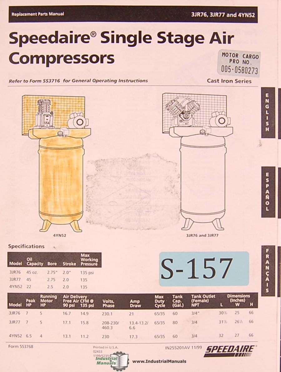 Speedaire 3JR76, 3JR77 and 4YN52, Compressor Parts Manual: Speedaire ...