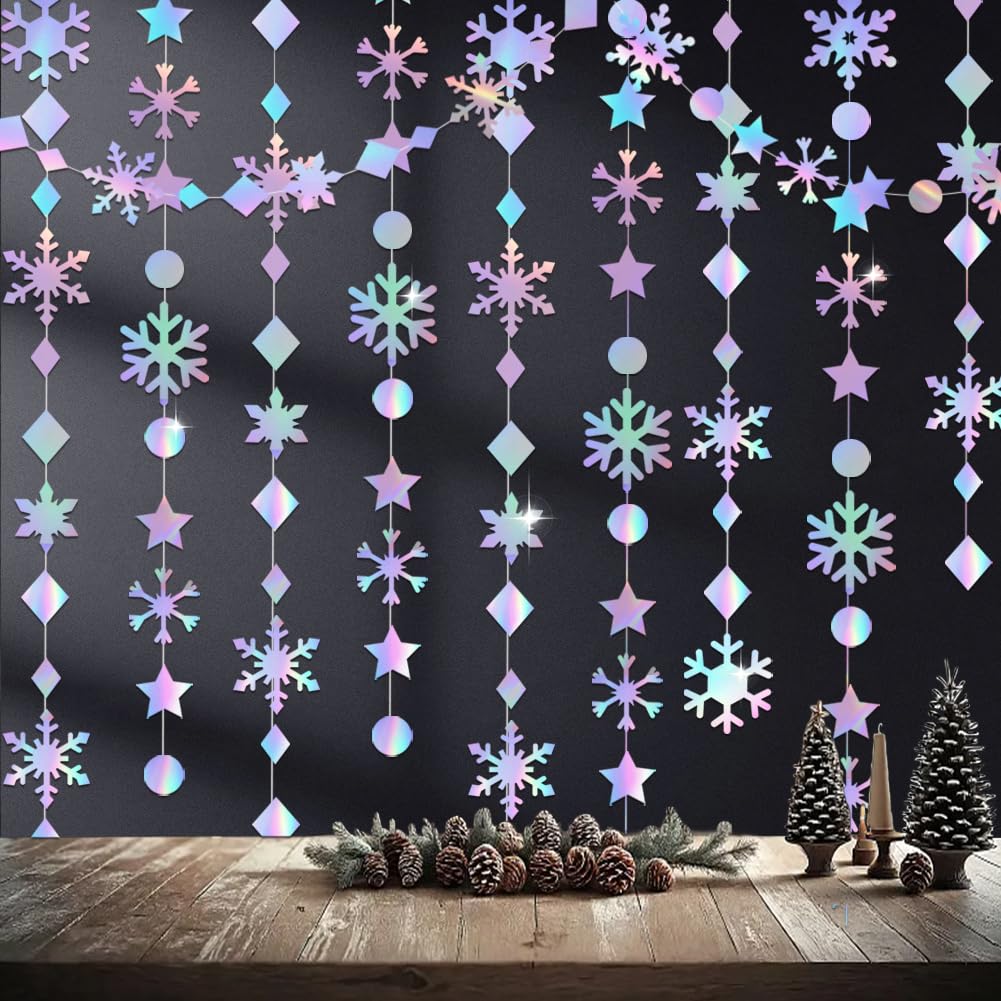 Yontree 16M/52Ft Snowflakes Garland Iridescent Christmas Decorations ...