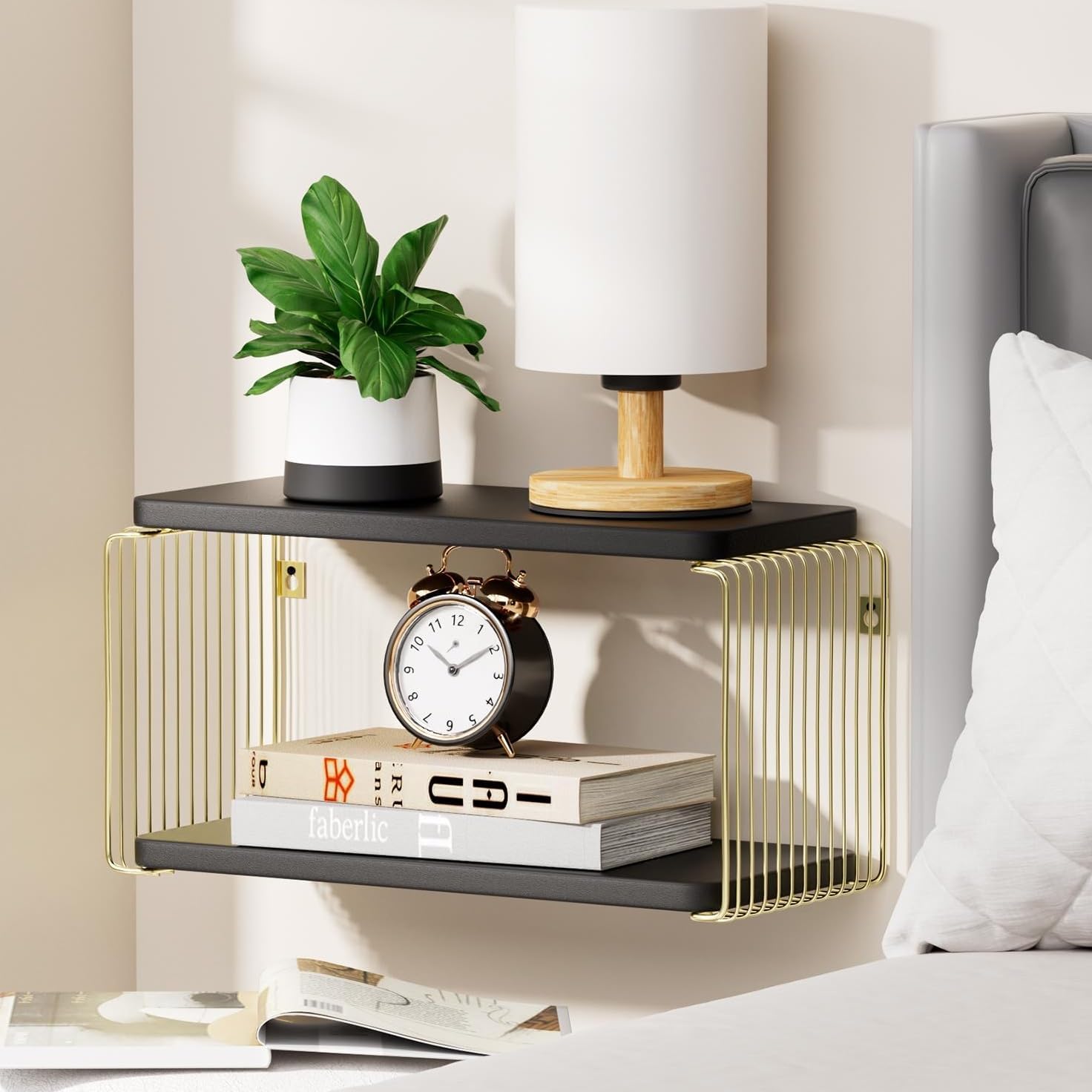 Amazon.com: Filano Floating Nightstand Black and Gold Wall Mounted ...