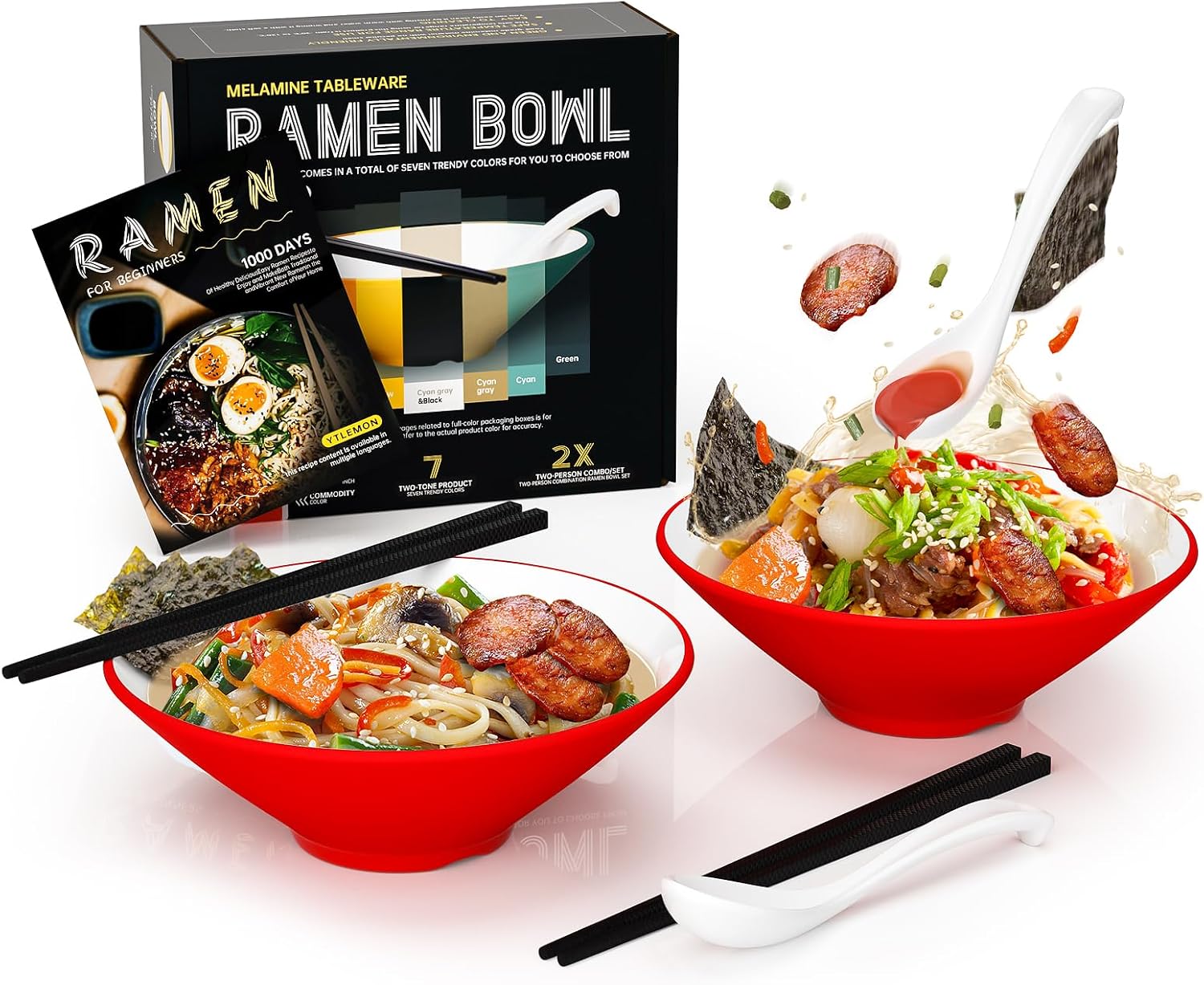 Amazon.com: Ramen Bowls Set of Plastic,2 Sets of 33oz Double-sided ...