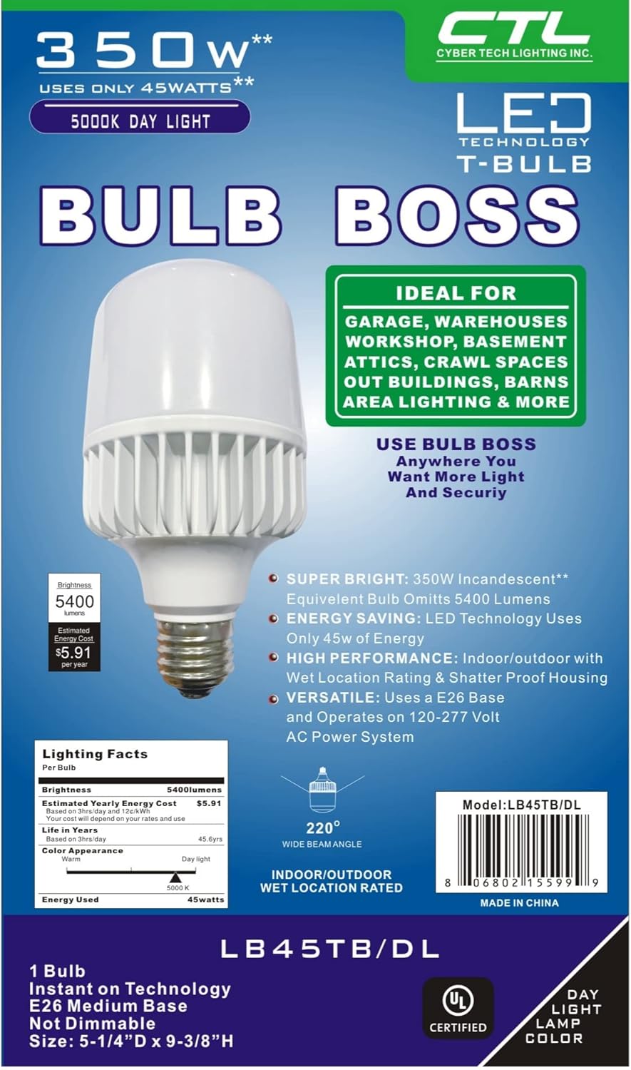 CyberTech Lighting High Watt LED T Bulb 350W Equivalent, 45W, Daylight ...