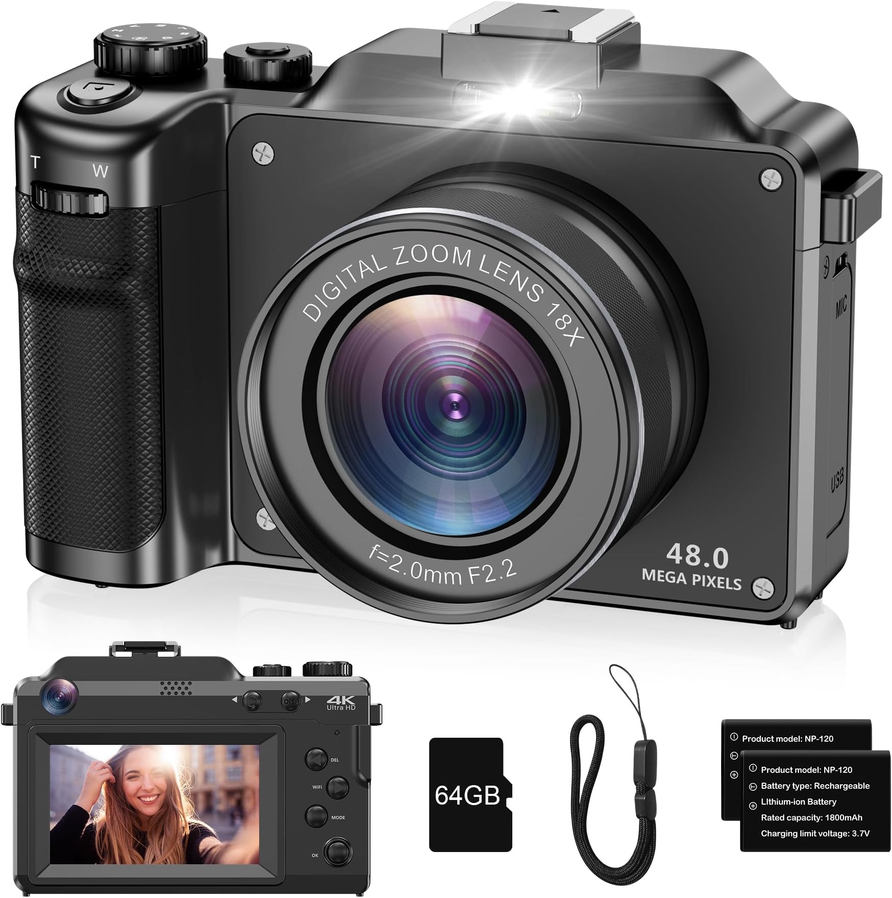 Amazon.com : Camera for Photography, 4K Digital Camera Anti-Shake 48MP ...