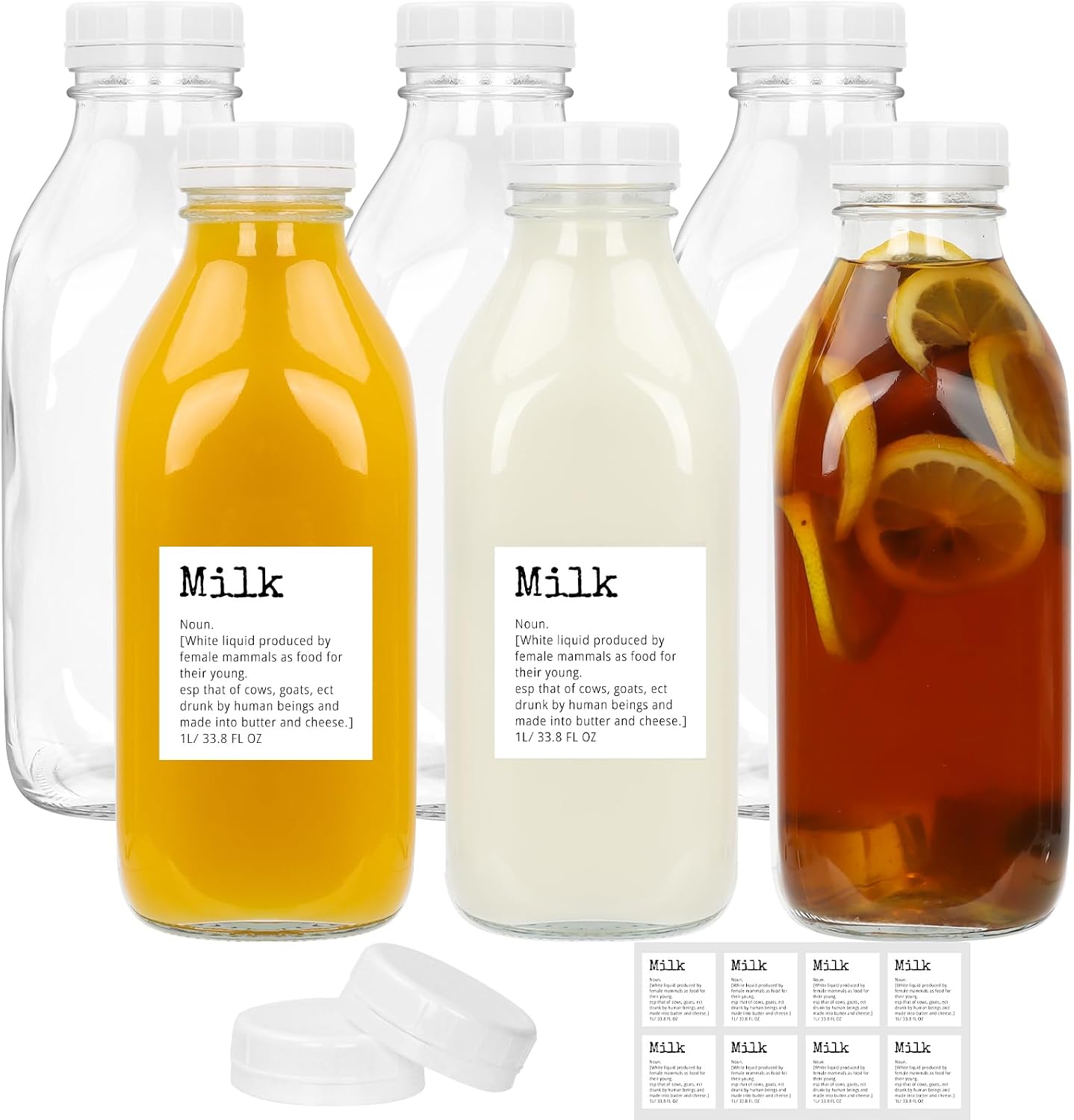 Amazon.com: DHSBTLS 6 Pcs Glass Milk Bottles with Lid, 33.8 Oz/ 1L ...