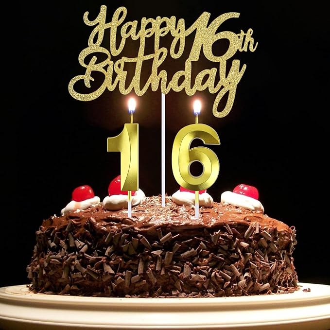 Amazon.com: 16th Birthday Candles + Gold Happy 16th Birthday Cake ...