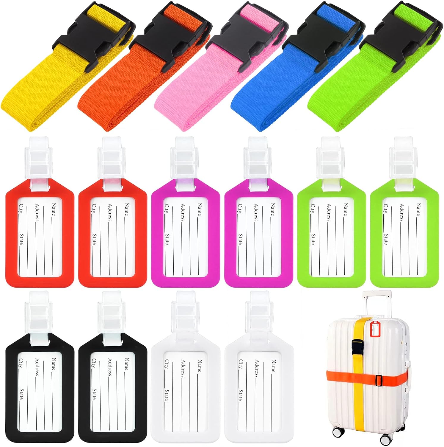 Swpeet 15Pcs Multi-Color Luggage Tags and Straps, 5 Colors Plastic ...