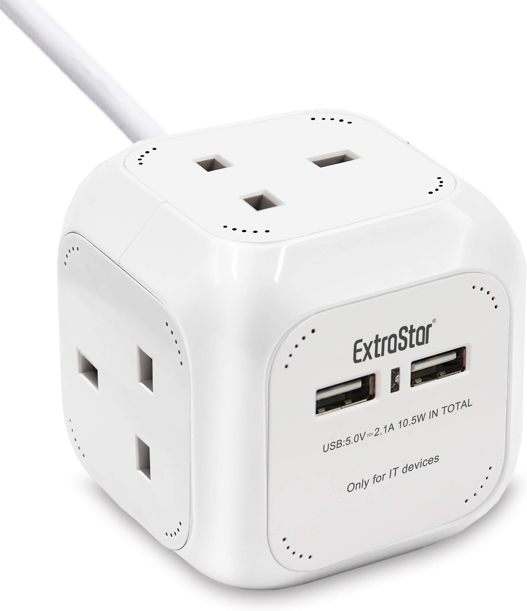 ExtraStar Power Cube 4 Ways Extended Lead with 2 USB Slots (5V/2.1A ...