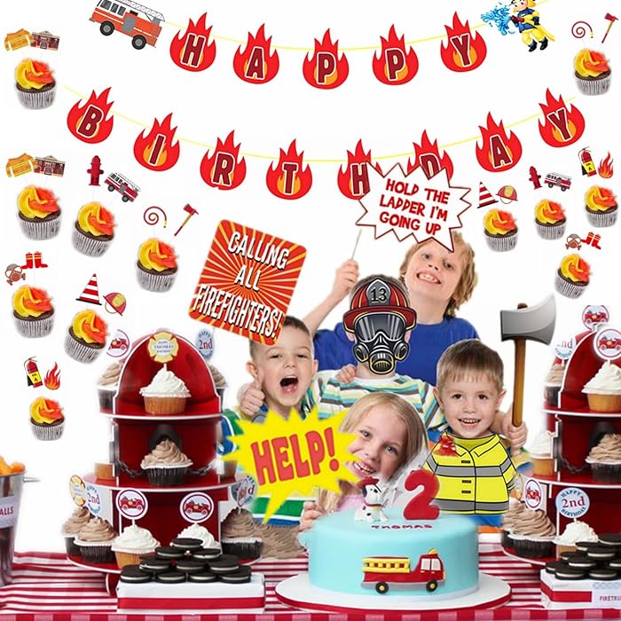 Buy YiiiGoood Fireman Theme Happy Birthday Decoration Kit Firefighter ...