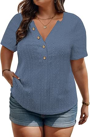 Plus Size Tops for Women 3X Summer Eyelet T Shirts Casual V Neck ...