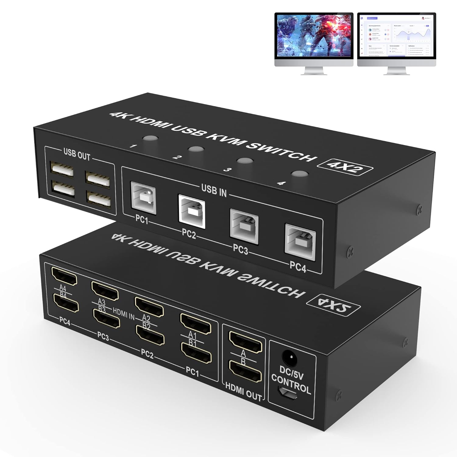 Amazon.com: 4 Port HDMI KVM Switch Dual Monitor - 4K@60Hz Extended ...