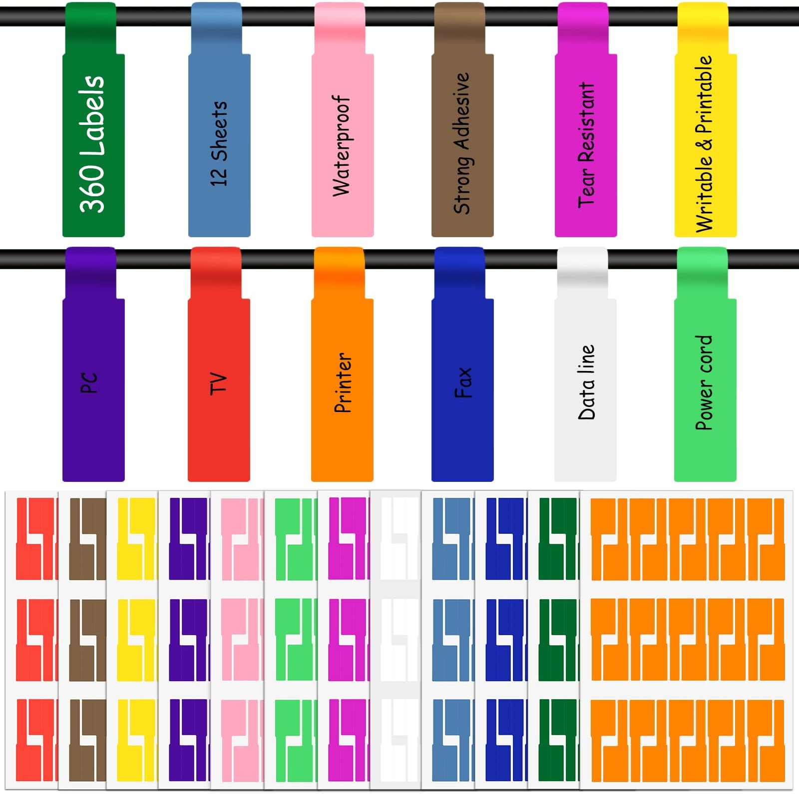 360 Cable Cord Labels, Hianjoo Self Adhesive Cable Tags Sticker ...