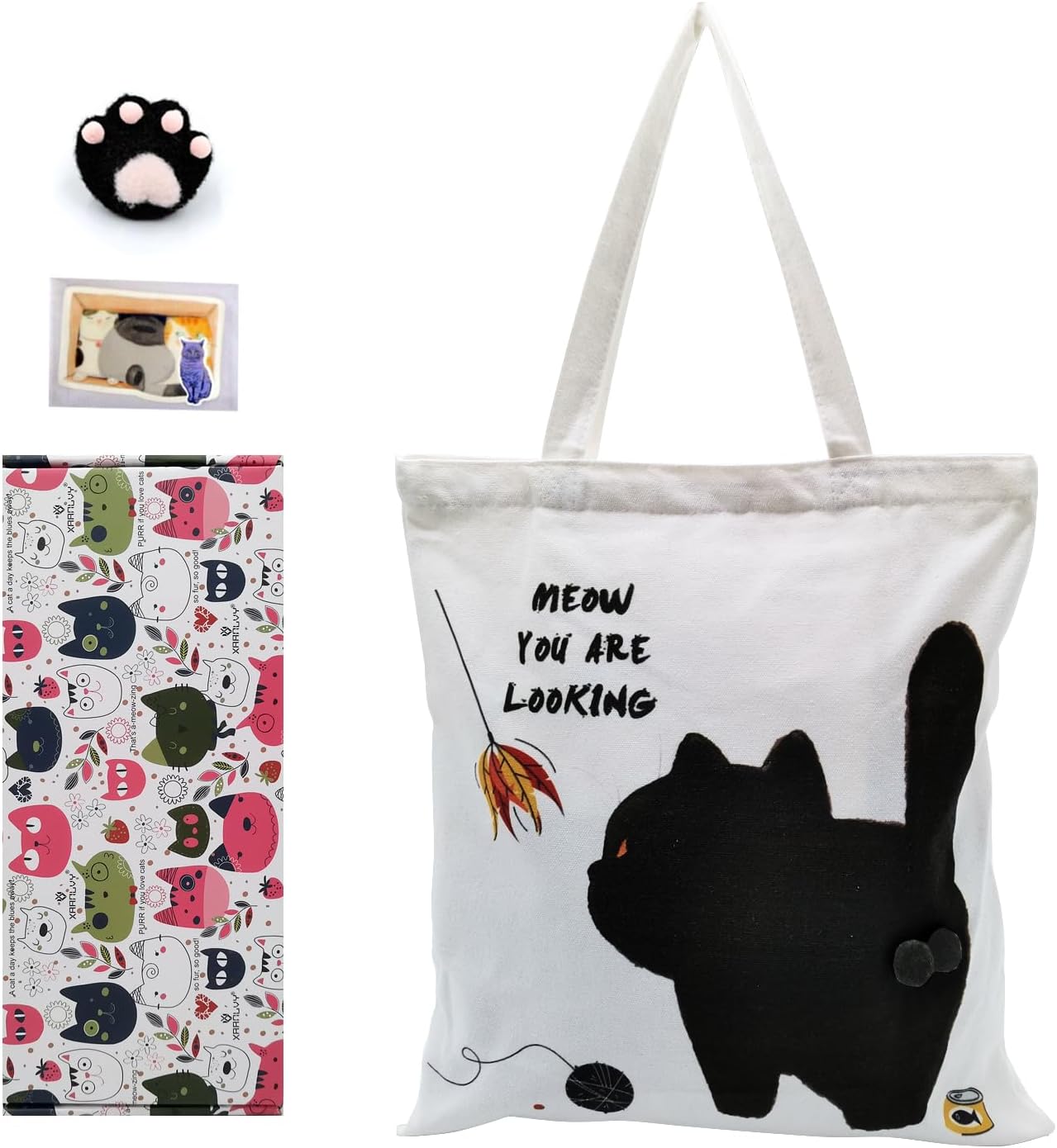 Amazon.com: XAANLVY XV Canvas Tote Bag Cute Cat With Fluffy Balls ...