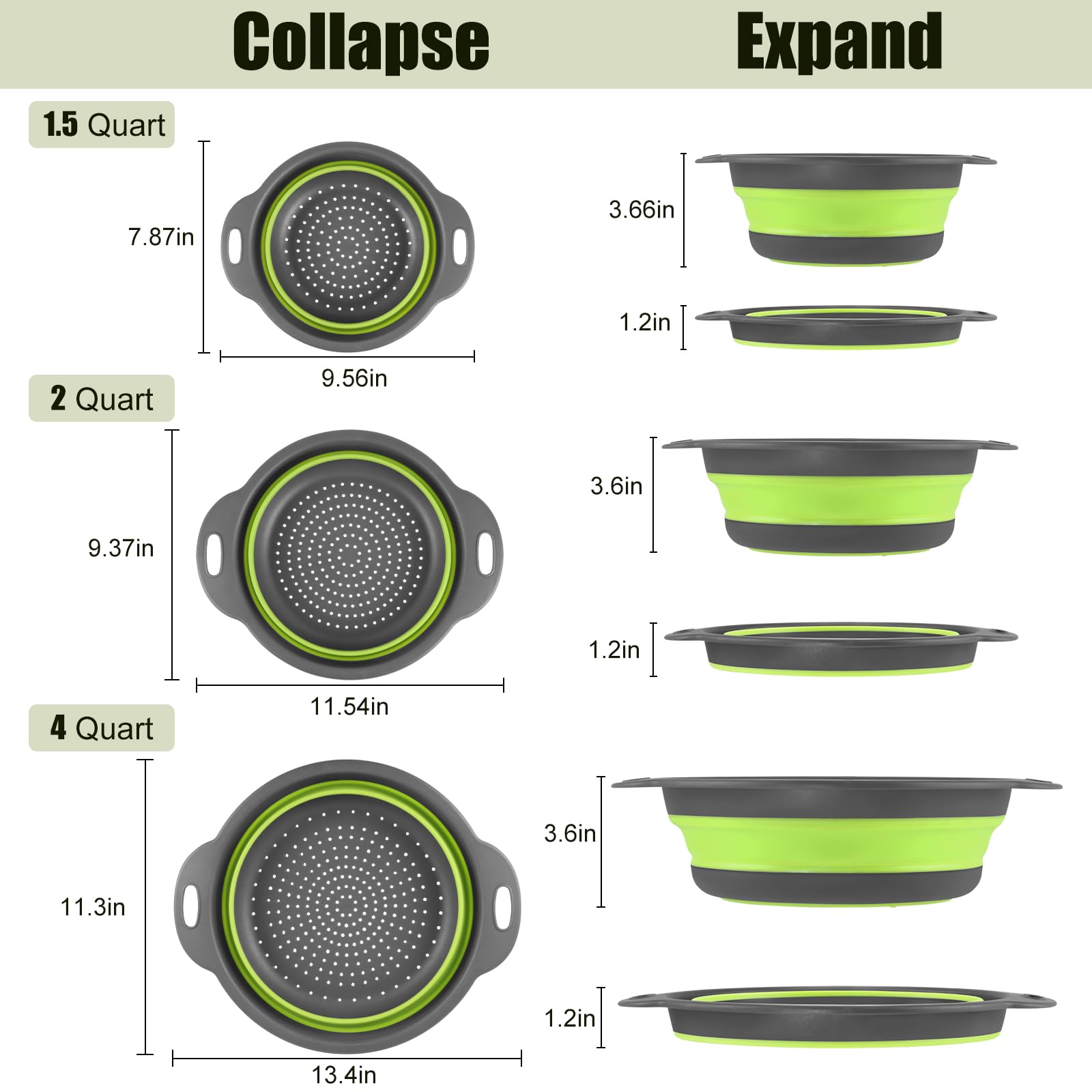 Collapsible Colander Set of 3, Silicone Sieve for Drain Vegetables ...
