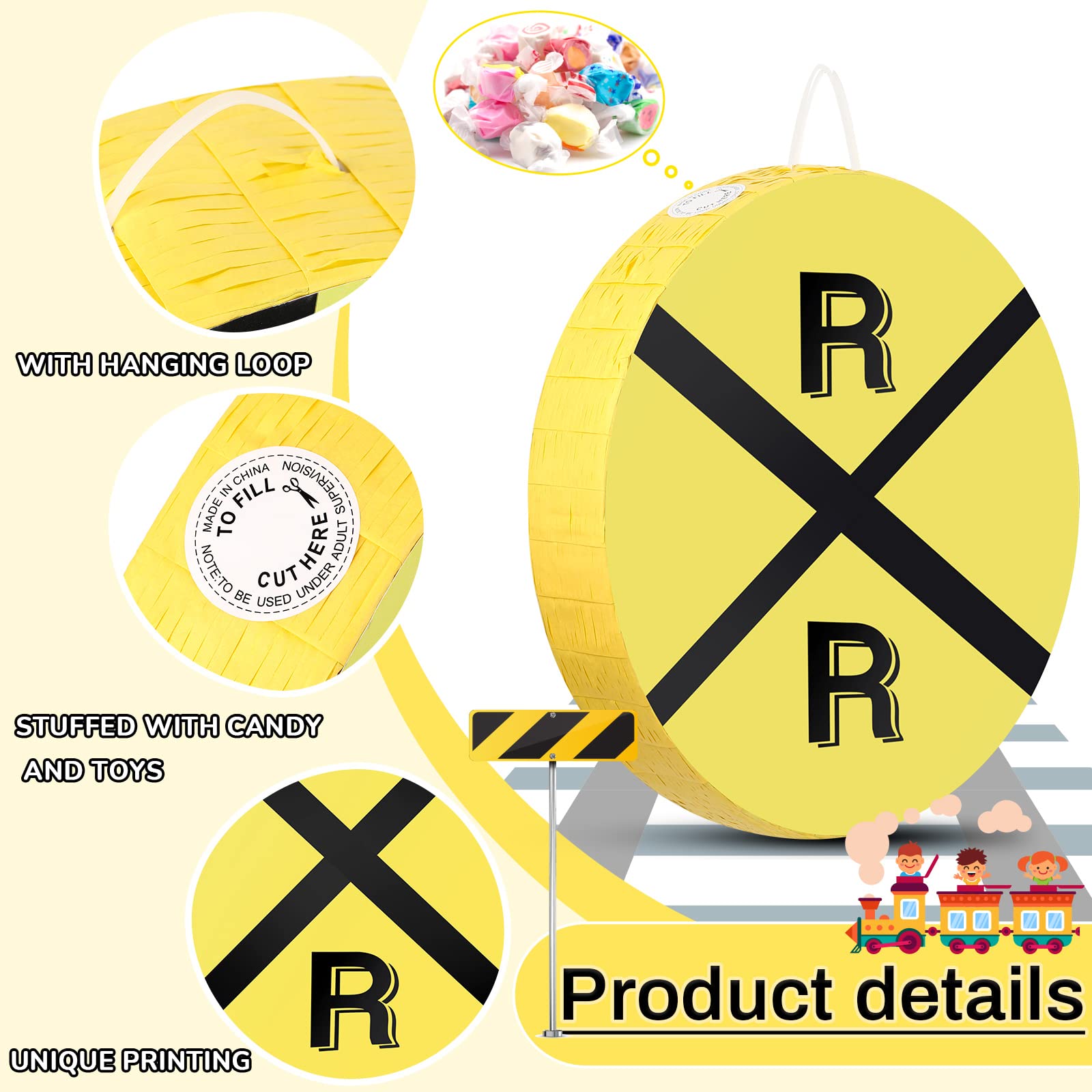Railroad Crossing Sign Pinata Bundle with a Blindfold and Bat 17.7 x 17 ...