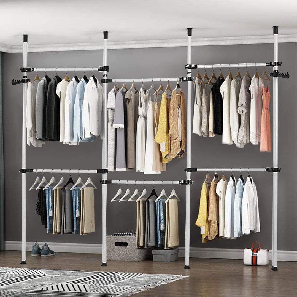 Heavy Duty Clothes Rack, 4 Poles 6 Bars Telescopic Coat Hanger Wardrobe ...