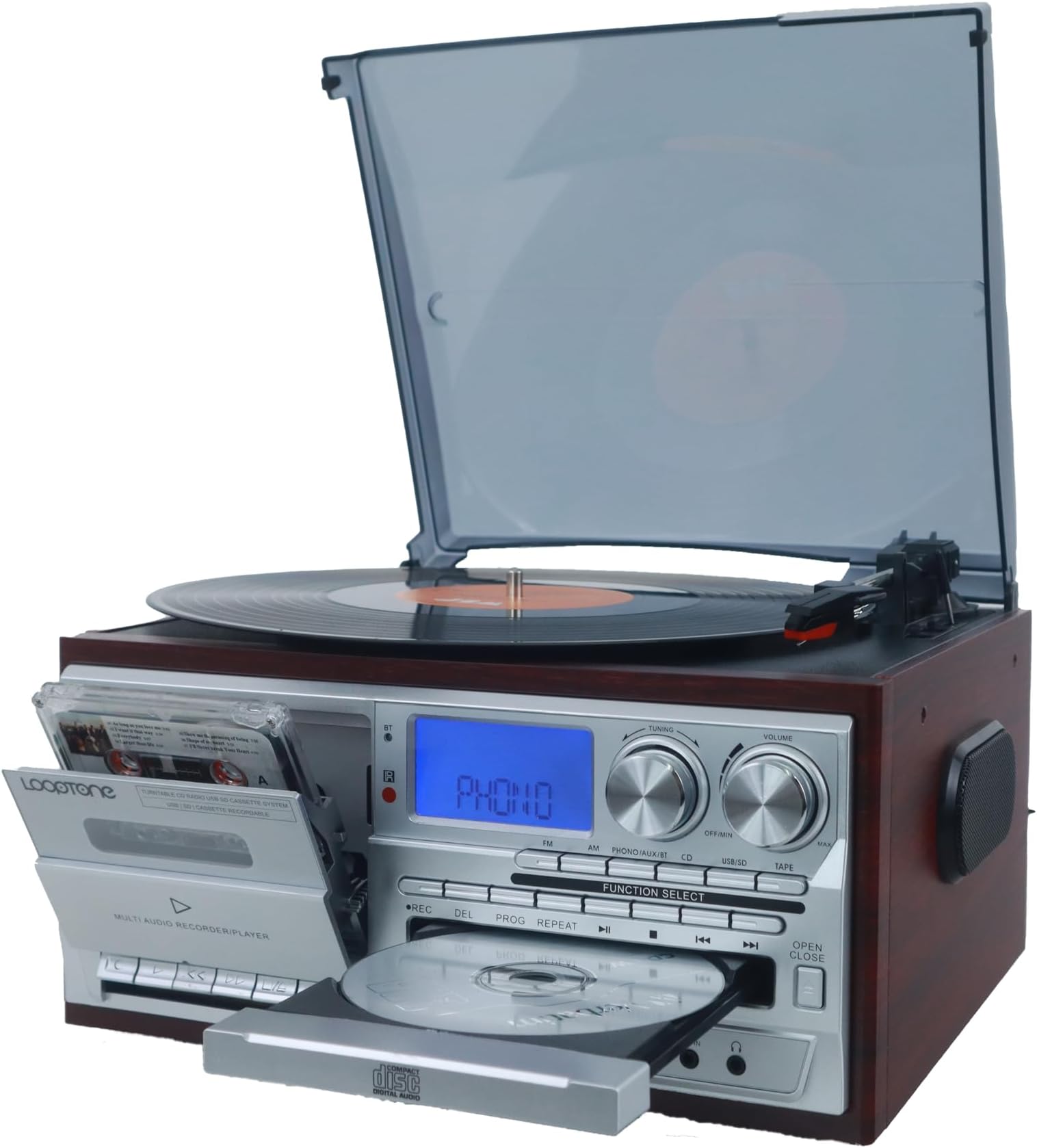Amazon.com: LoopTone Vinyl Record Player 9 in 1 3 Speed Bluetooth Vintage Turntable CD Cassette ...