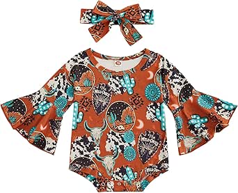 Amazon.com: BemeyourBBs Newborn Baby Girl Flared Sleeve Romper Bodysuit Top Cow Print Western ...