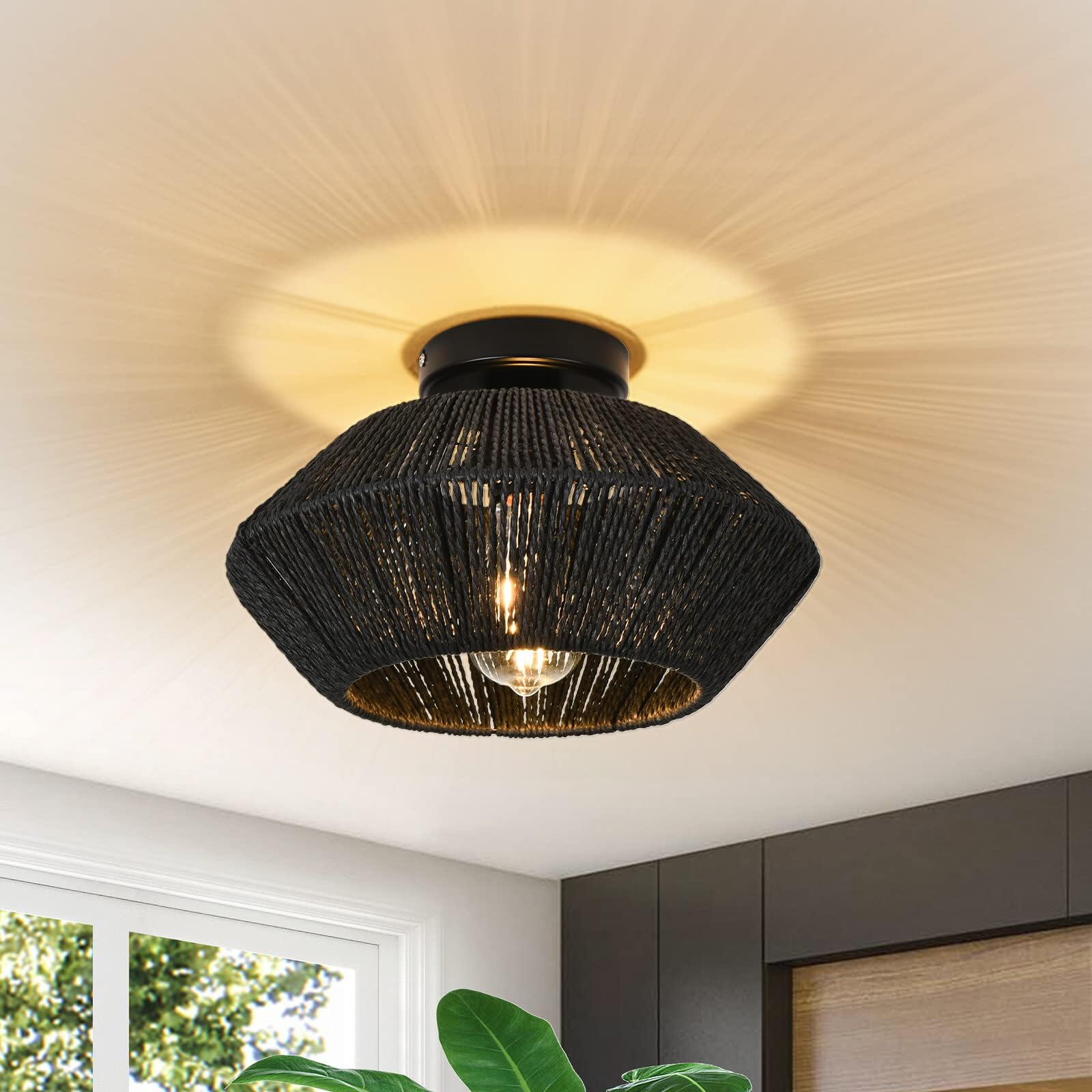 Black Rattan Flush Mount Ceiling Light Boho Wicker Light Fixtures ...