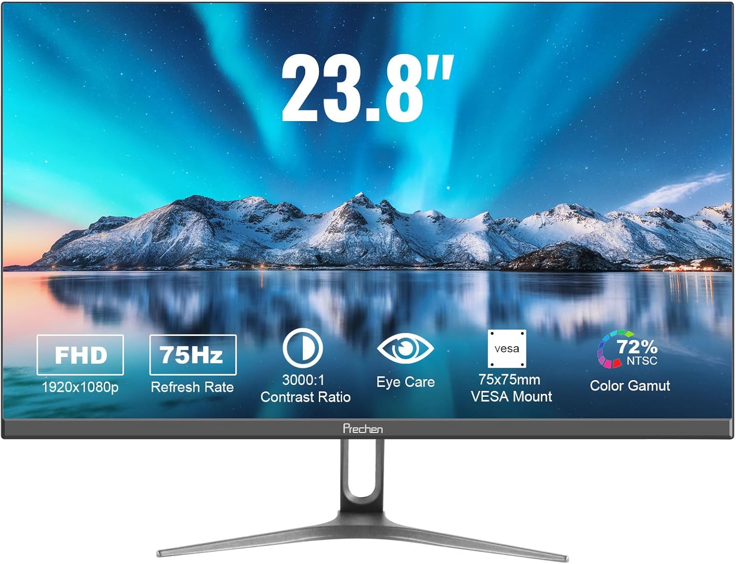 Prechen 24 Inch Computer Monitor, 3-Sided Frameless Gaming Screen FHD ...