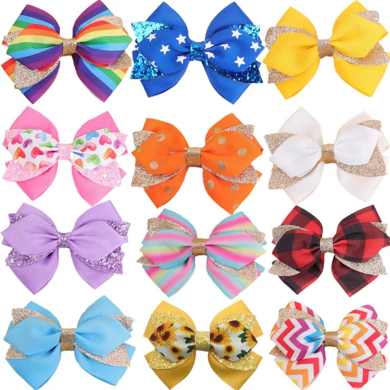 Amazon.com : 12PCS Girls Hair Bows Clips Grosgrain Ribbon Bow Colorful ...