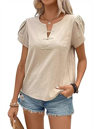 Falechay Women's Summer Tops Petal Short Sleeve V Neck Blouses 2025 ...