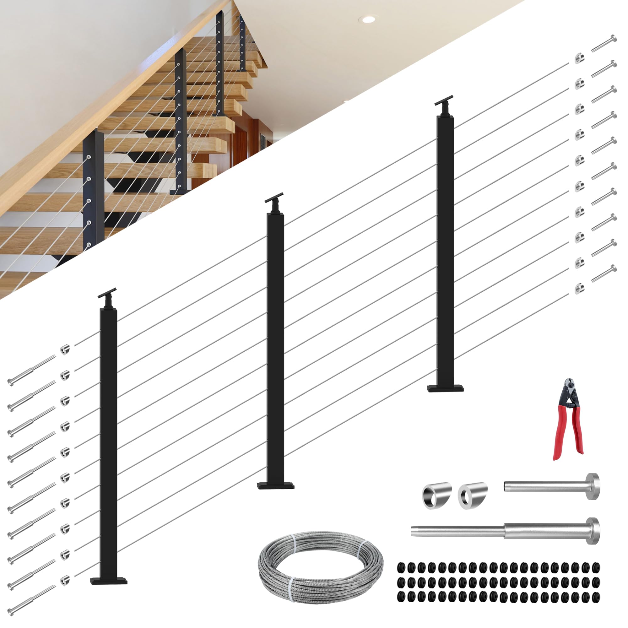 3Pack One-Stop Stair Cable Railing Posts Kit, 33° Drilled Stair Posts ...