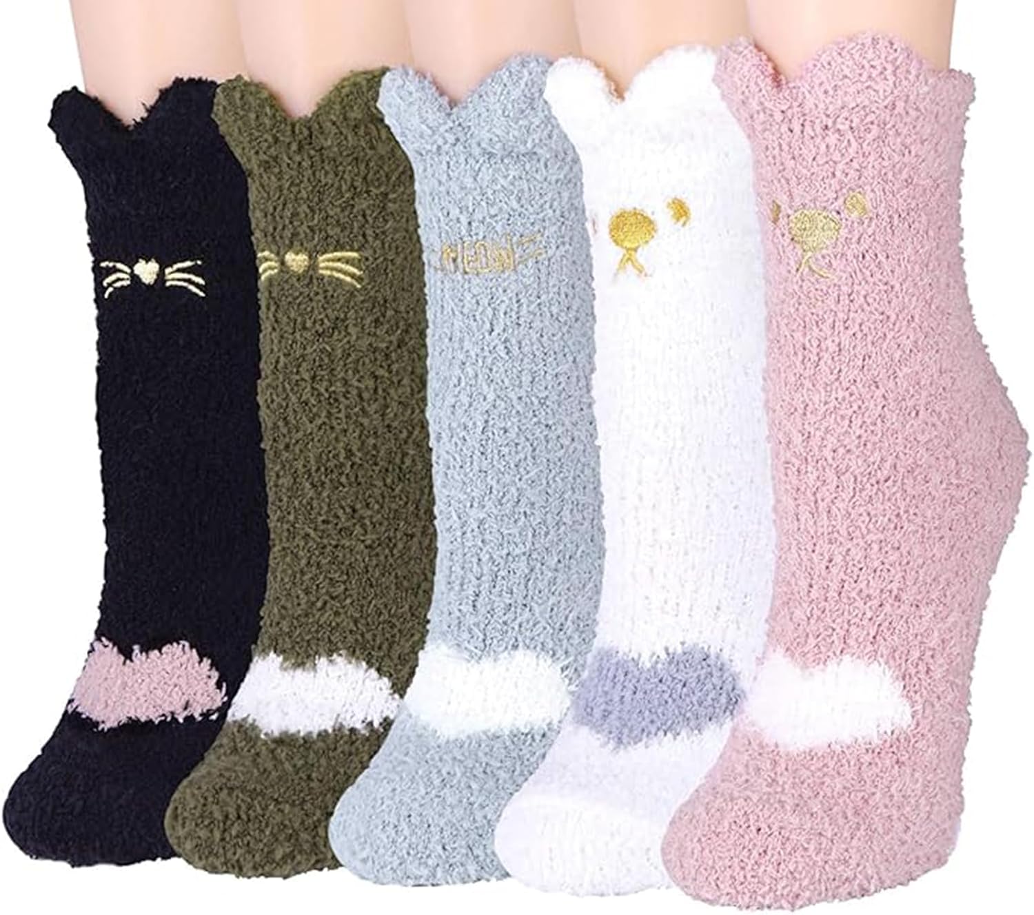 5 Pairs Fuzzy Cat Socks - Fluffy, Funny, Warm Novelty Cute Thermal Cozy ...