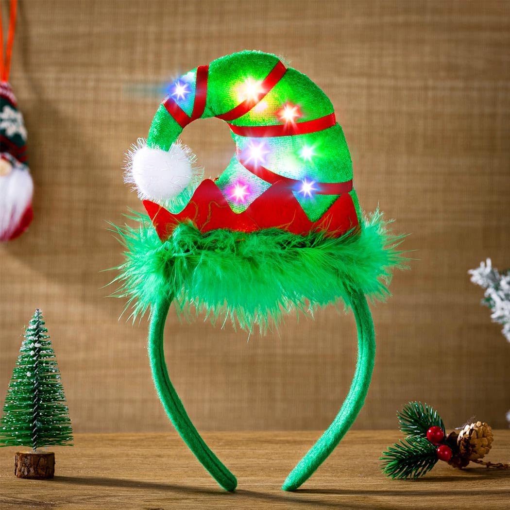 Haomye Light Up Christmas Hat Headband Xmas Elf Hat Headbands Green ...