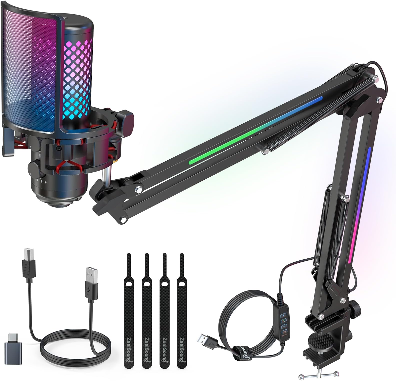 zealsound Gaming Microphone with Arm, All-Metal-Built RGB USB Condenser ...