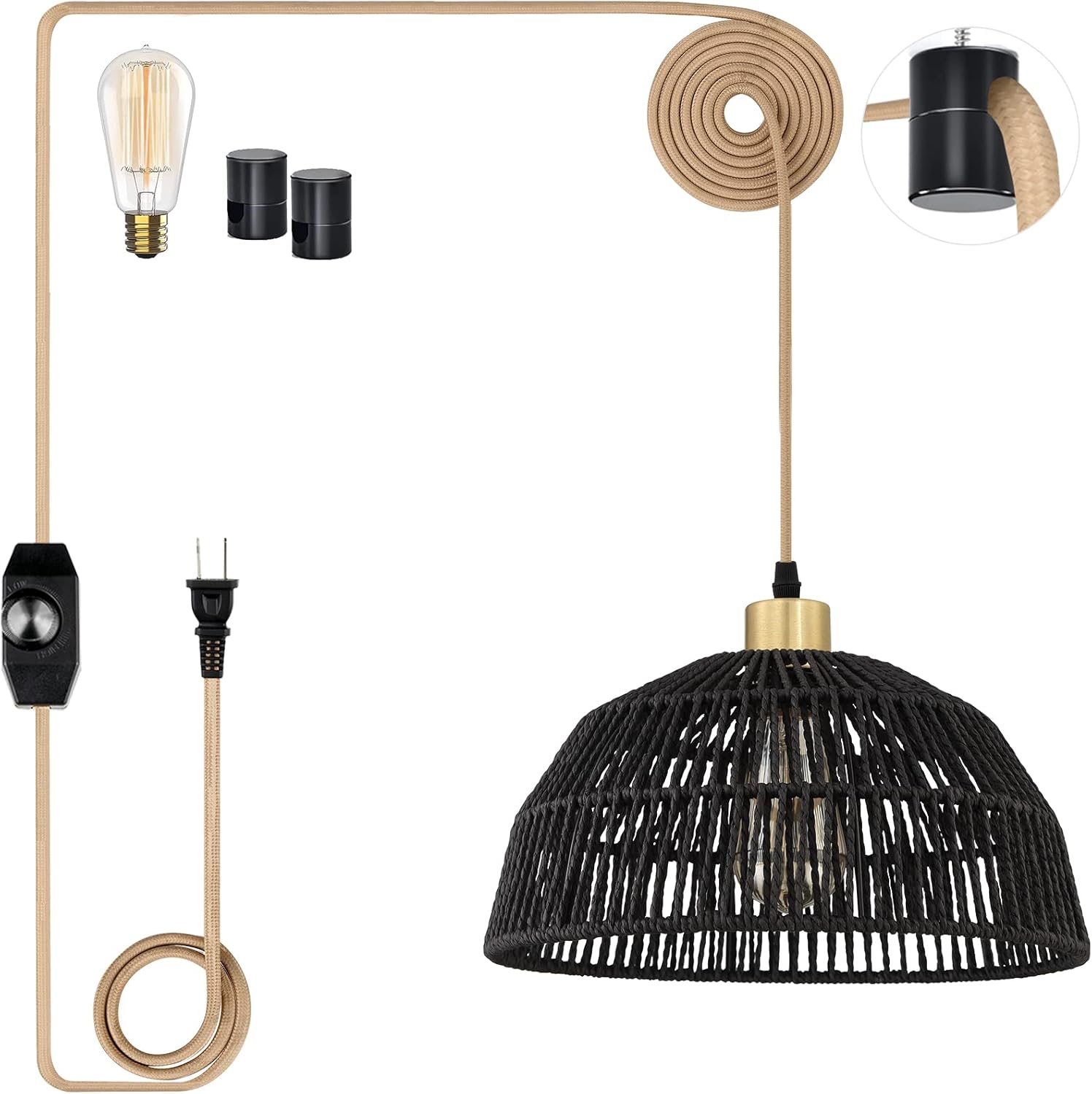 Cinkeda Plug in Pendant Light, Hanging Lights with 15ft Cotton Cord ...