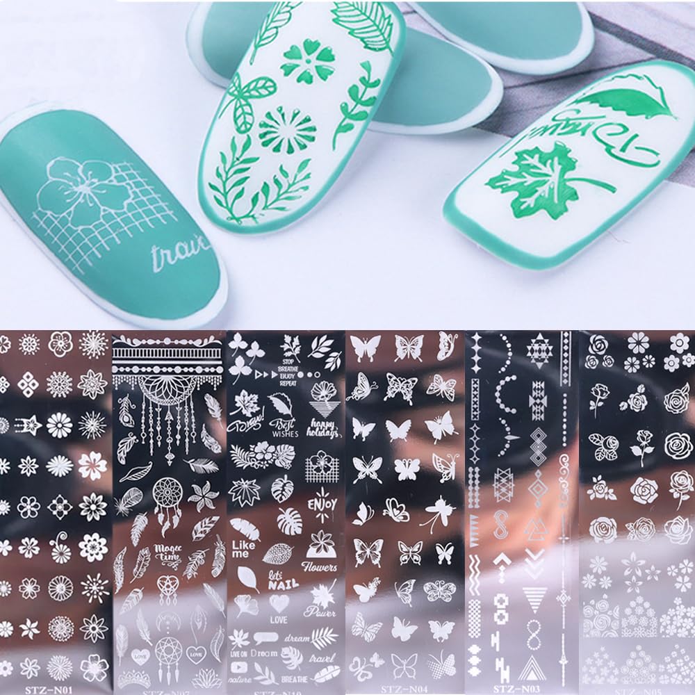 Amazon.com: 6Pcs Nail Art Stamping Plates Flower Butterfly Leaf Feather ...
