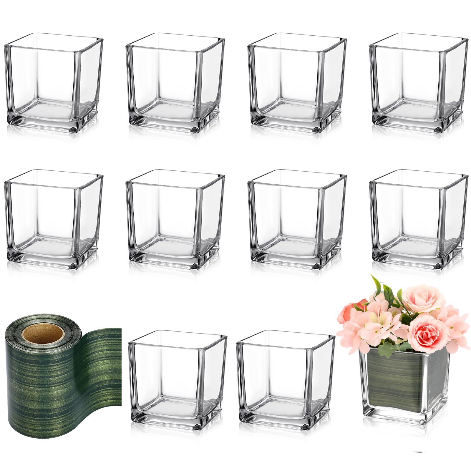 Amazon.com: Kritkin 12 Pcs Square Glass Vases 4 x 4 Inch and 2 Rolls 3 ...
