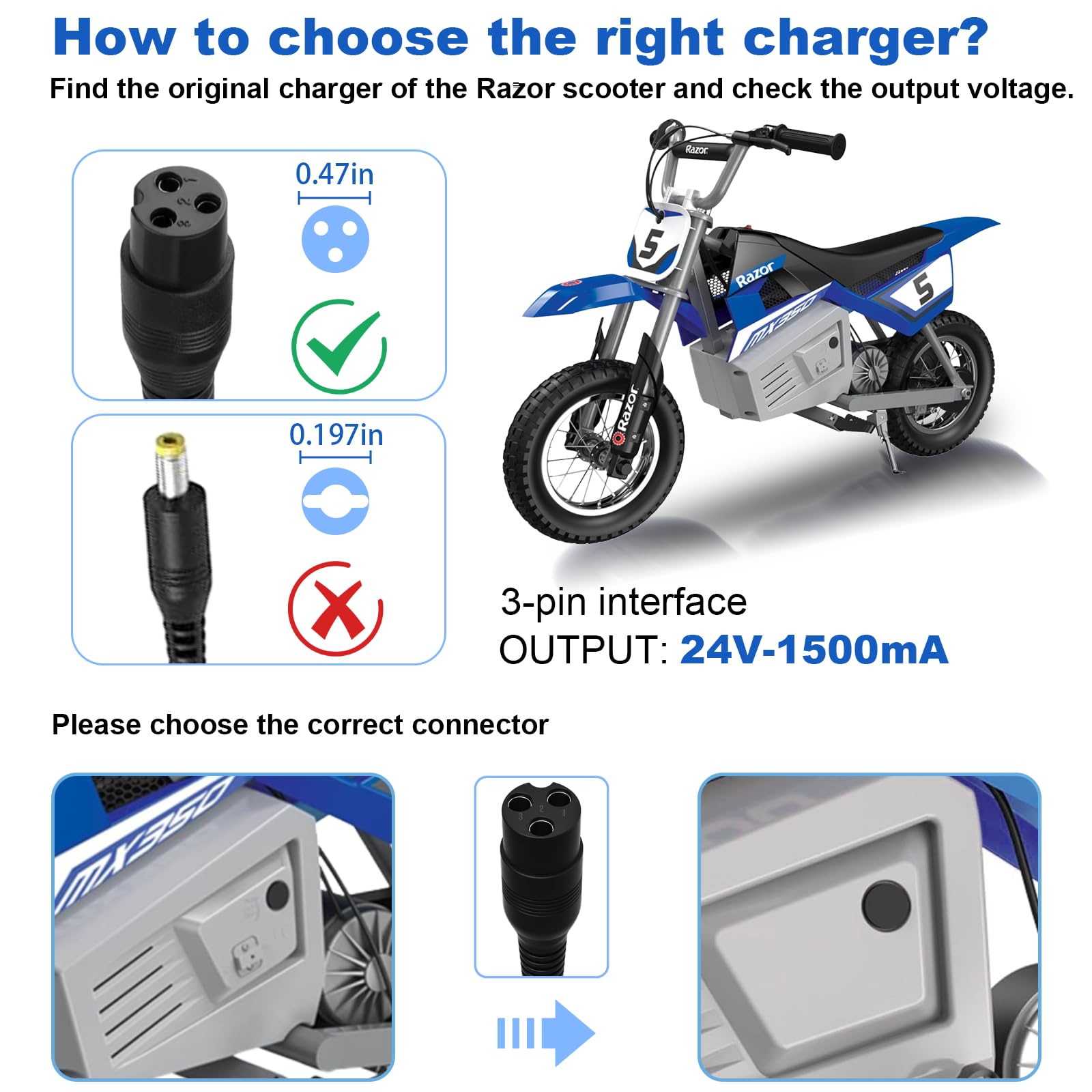 Snapklik.com : 24V Charger For Razor MX350 Dirt Bike E100 E125 E200 ...
