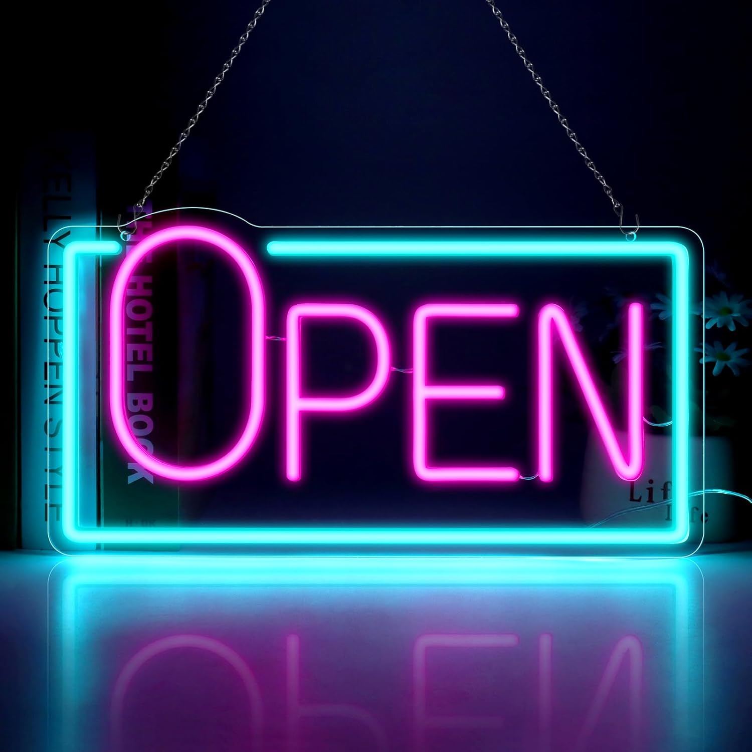 Neon Open Signs for Business, 16''x 8'' Super Bright LED Open Sign, Open Sign (Ice Blue&Pink ...