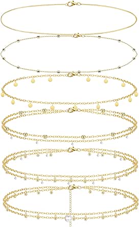 LOLIAS 6Pcs 14K Gold Plated Waist Chains Body Chains for Women Layered Bikini Belly Chains For ...